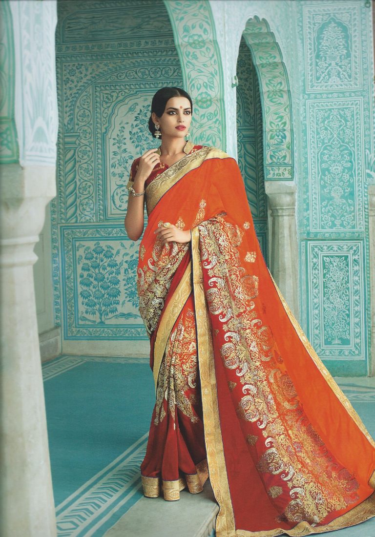 Red /Orange Sari with Half-Half Thread Work